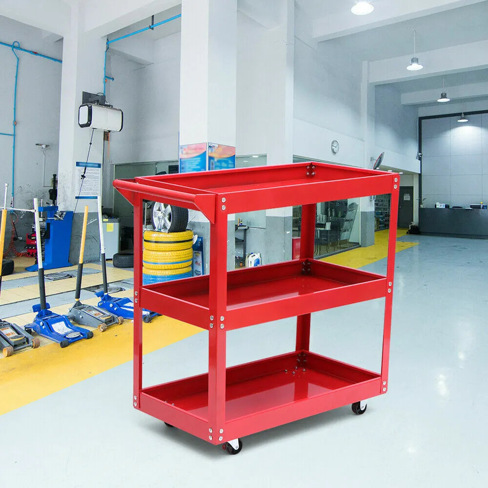 RED Tool Storage Heavy Duty Garage Trolley Workshop DIY 3 Tier Wheel C ...